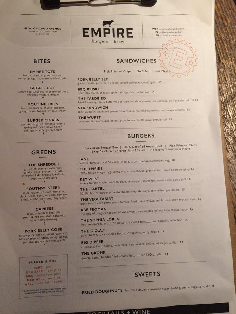Menu at Empire Burgers & Brew pub & bar, Naperville