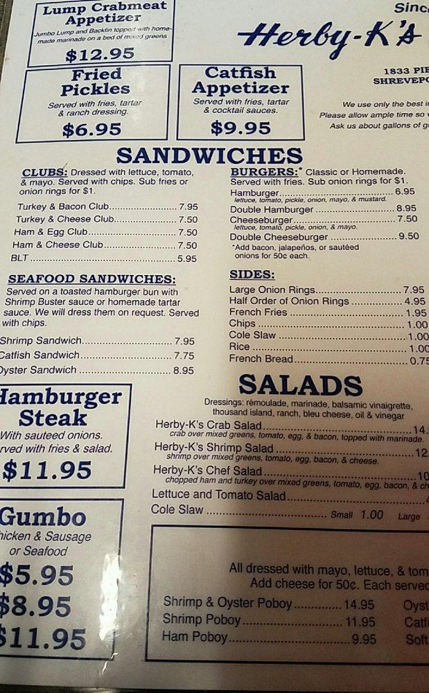 Menu at Herby-K's restaurant, Shreveport