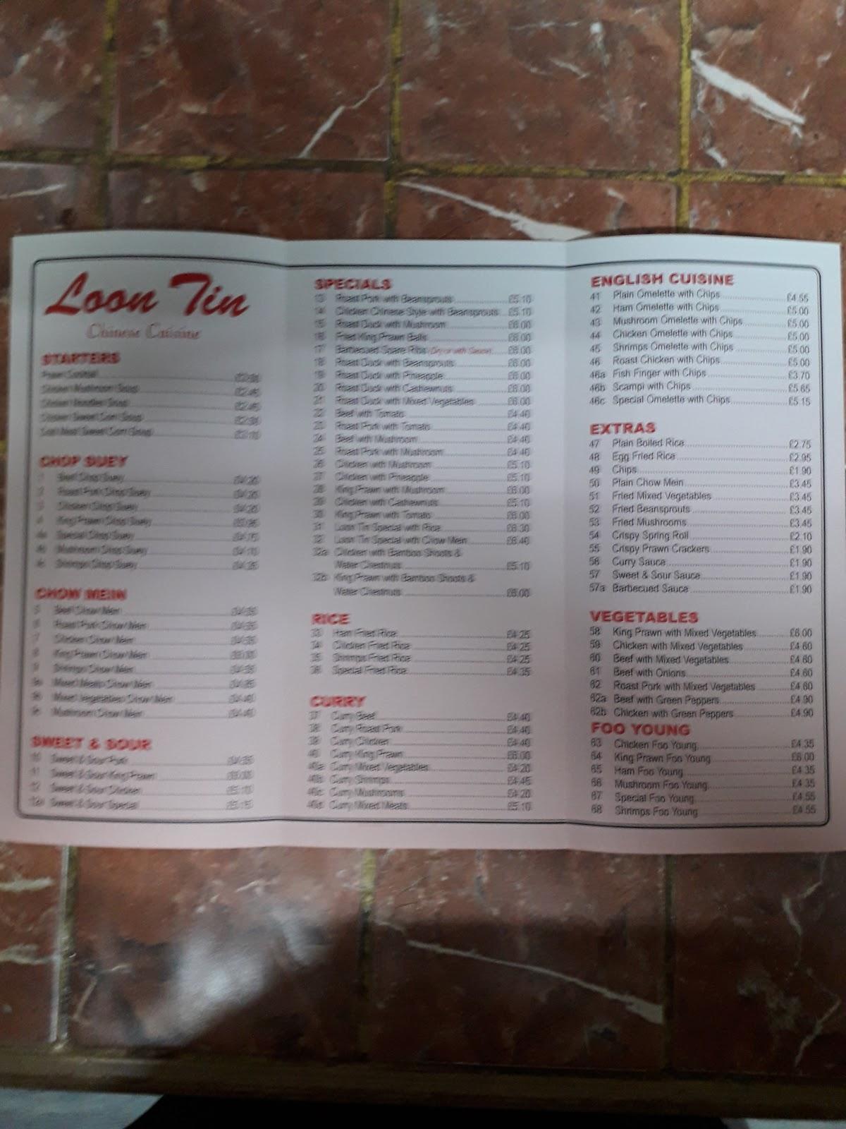 Menu at Loon Tin fast food, Slough
