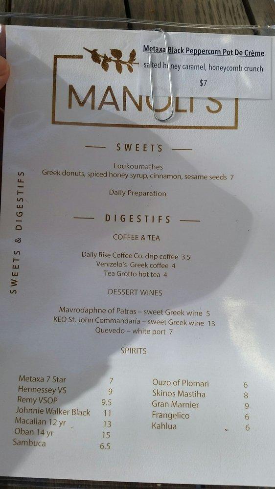 Carta del restaurante Manoli's, Salt Lake City
