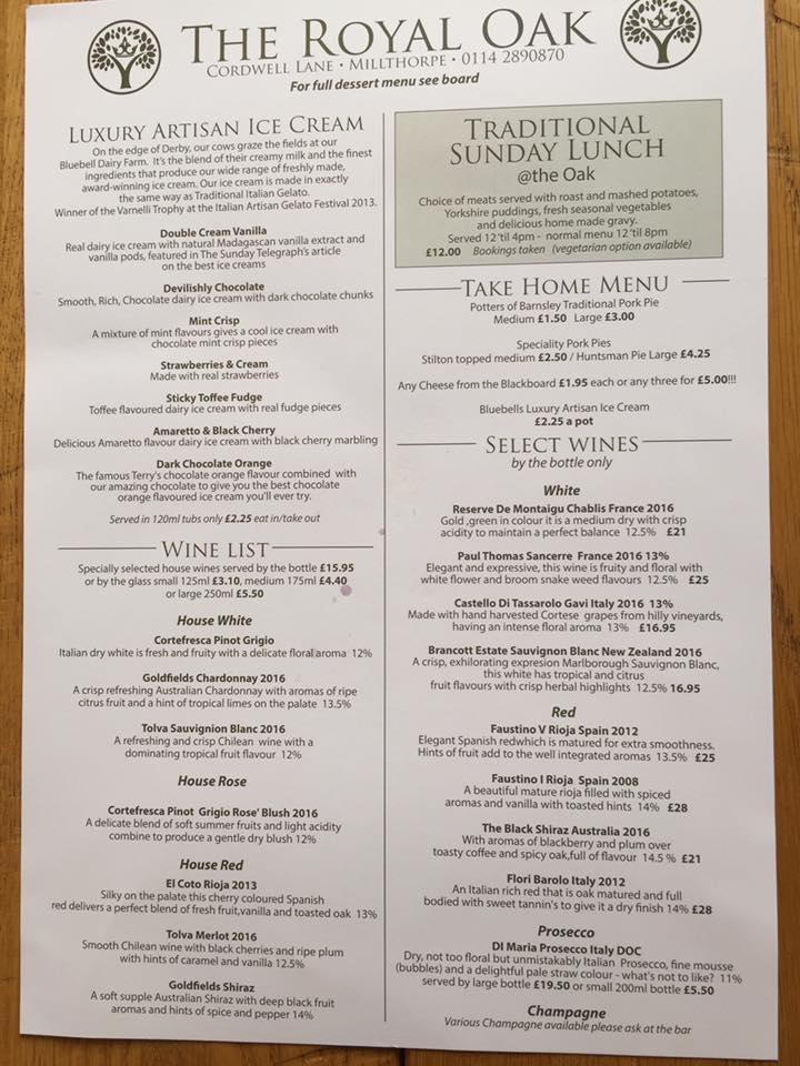 Menu at Royal Oak pub & bar, Dronfield