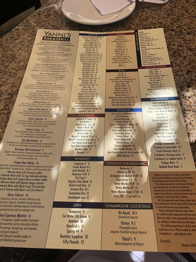 Menu at Yanni's Bar & Grill, San Diego