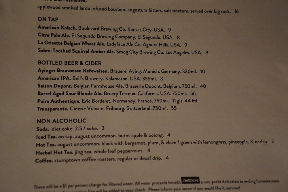 Menu at Bestia pub & bar, Los Angeles