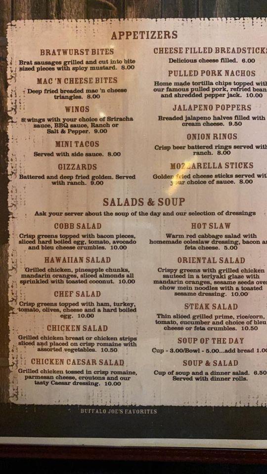 Menu at Buffalo Joe's Eatery & Saloon steakhouse, Dupuyer
