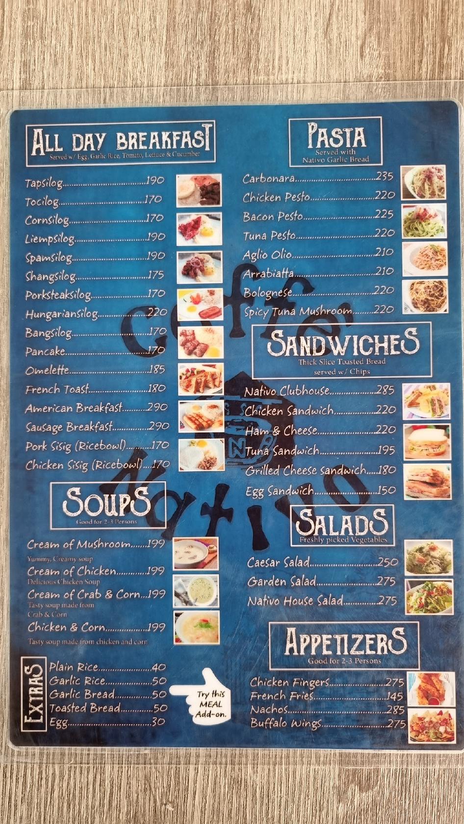 Menu at Caffe Nativo cafe, Tagaytay, 4X87+XMH