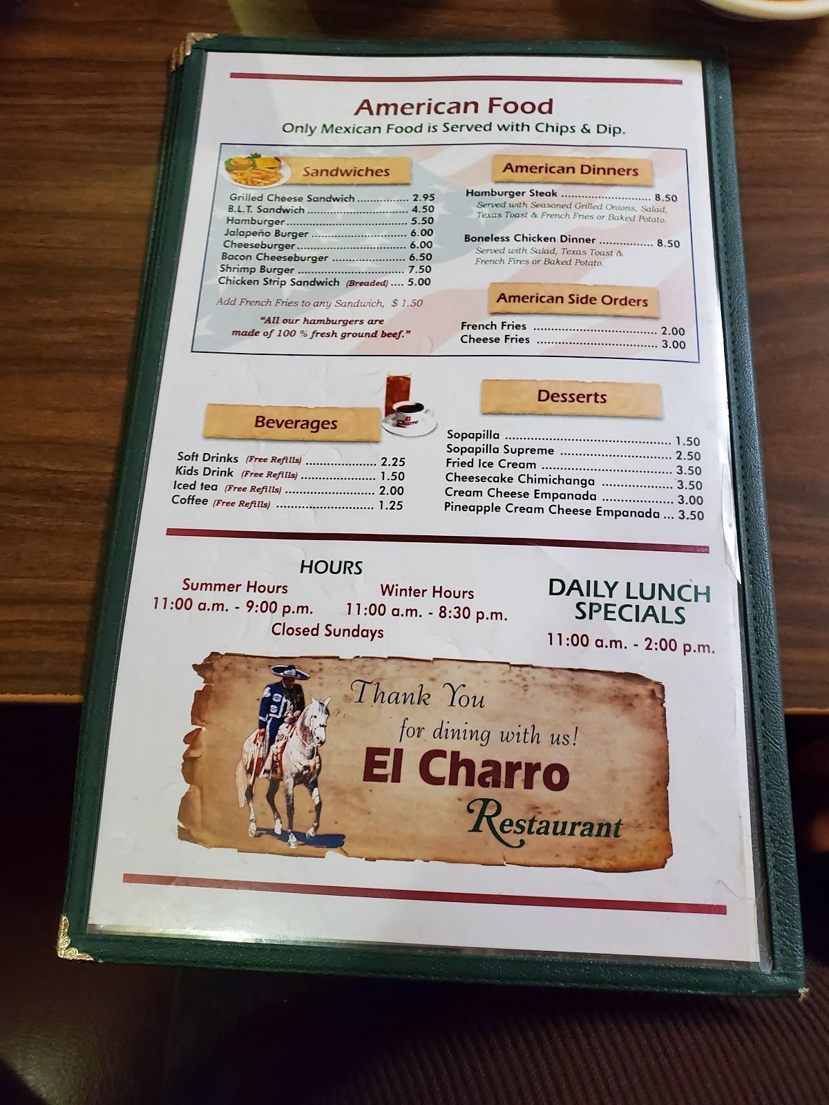 Menu at El Charro restaurant, Canton