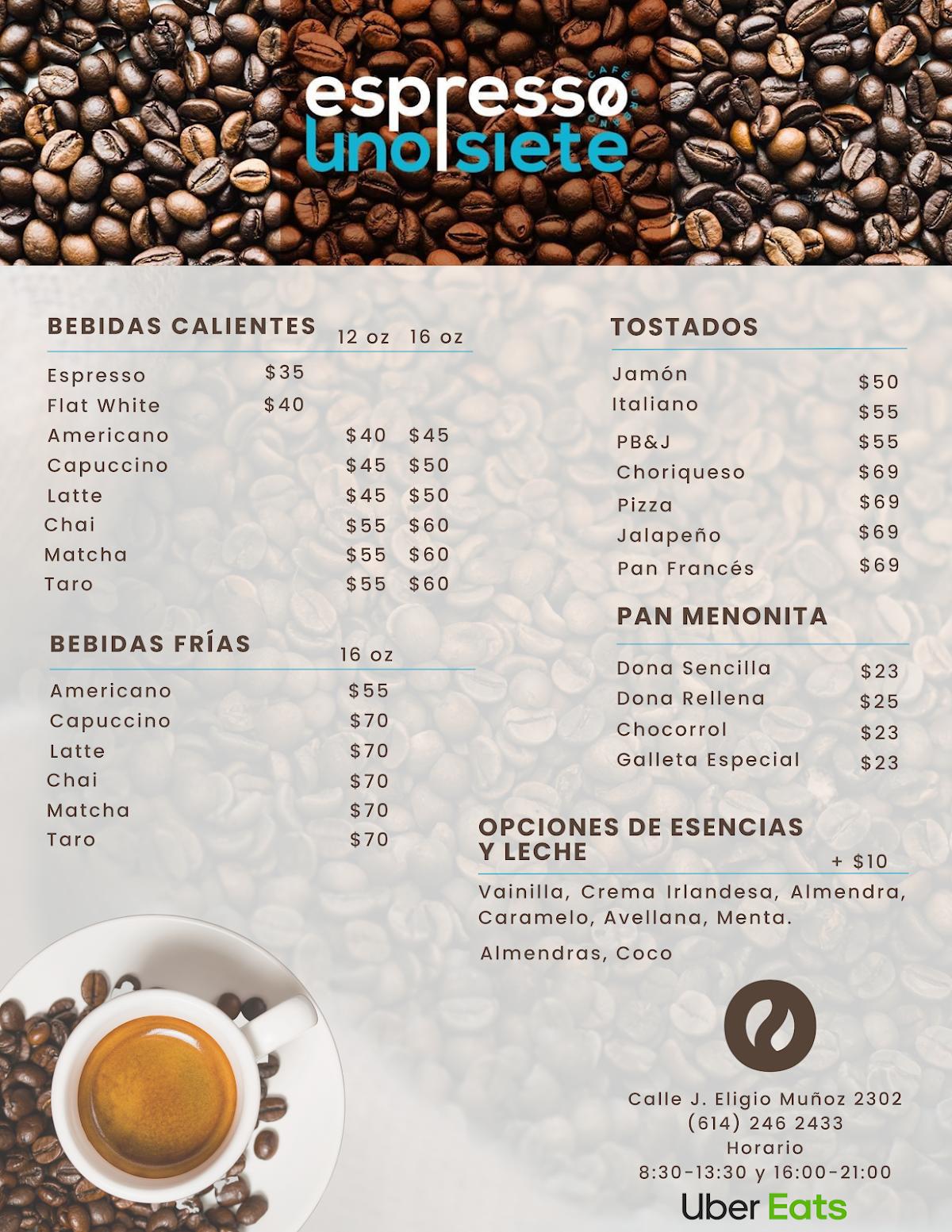 Menu at Espresso Uno Siete cafeteria, Chihuahua