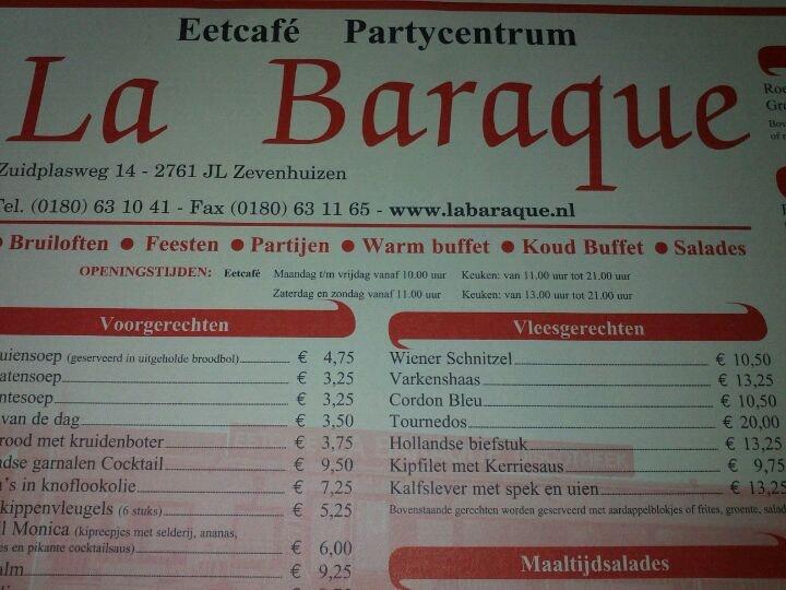 Menu at La Baraque, Zevenhuizen, Zuidplasweg 12-14