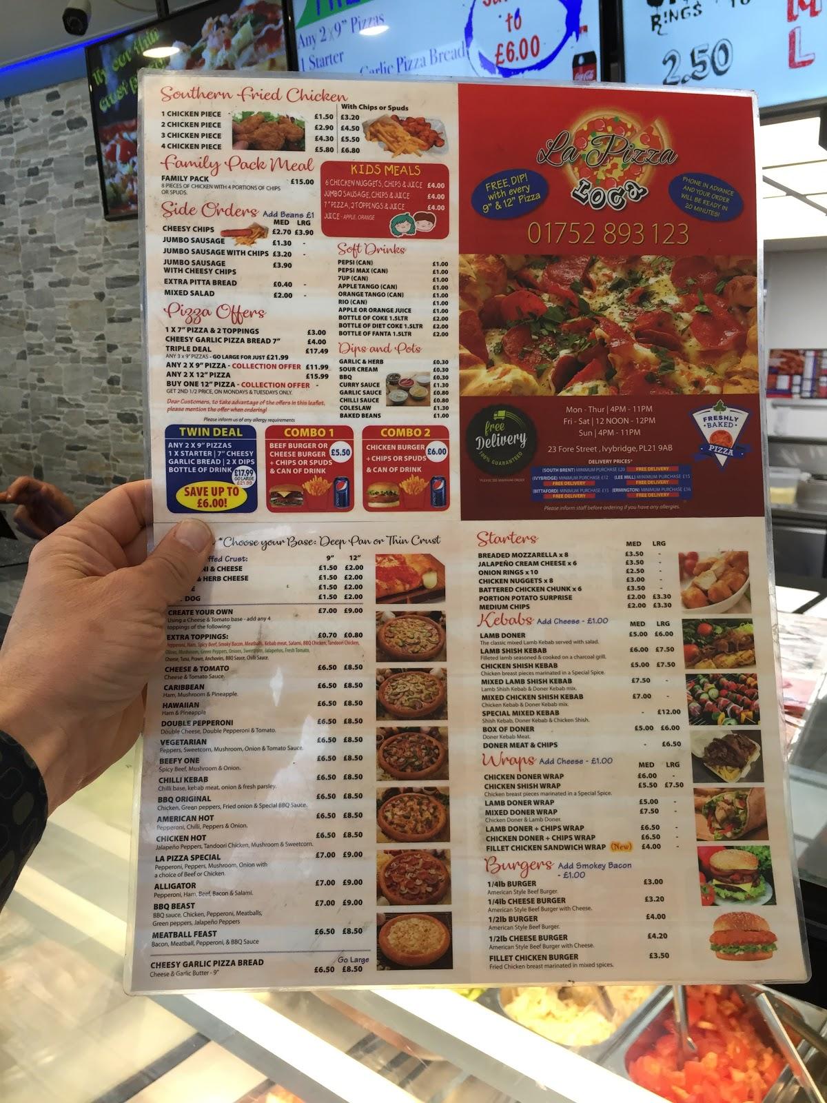 Carta de pizzería Pizza Loca, Ivybridge
