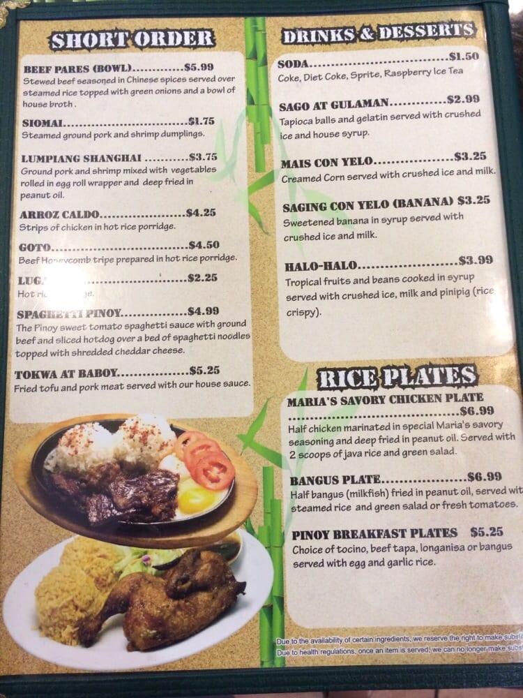 Menu at Maria's Kusina restaurant, Buena Park