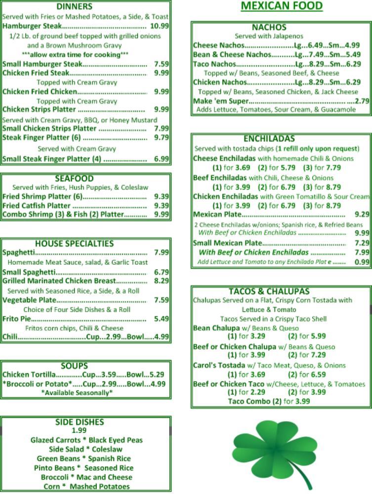 Menu at Pat's Place restaurant, New Braunfels