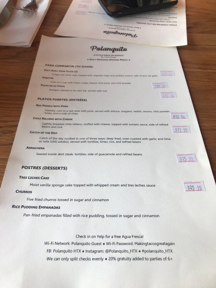 Menu at Polanquito pub & bar, Houston