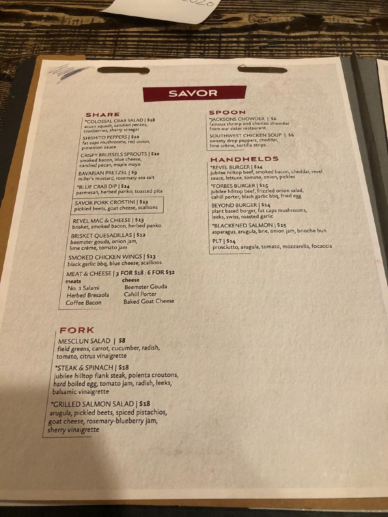 Menu at Revel pub & bar, Pittsburgh