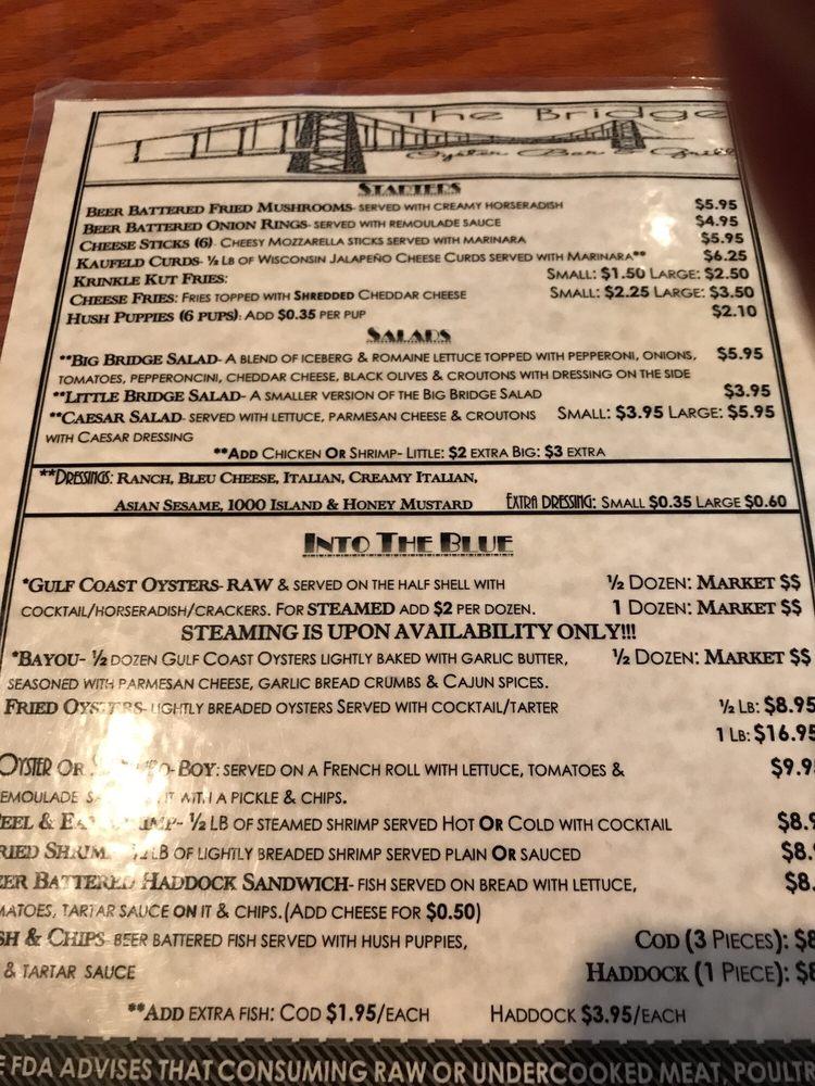 Menu at The Bridge Grill and Oyster Bar, Stockbridge
