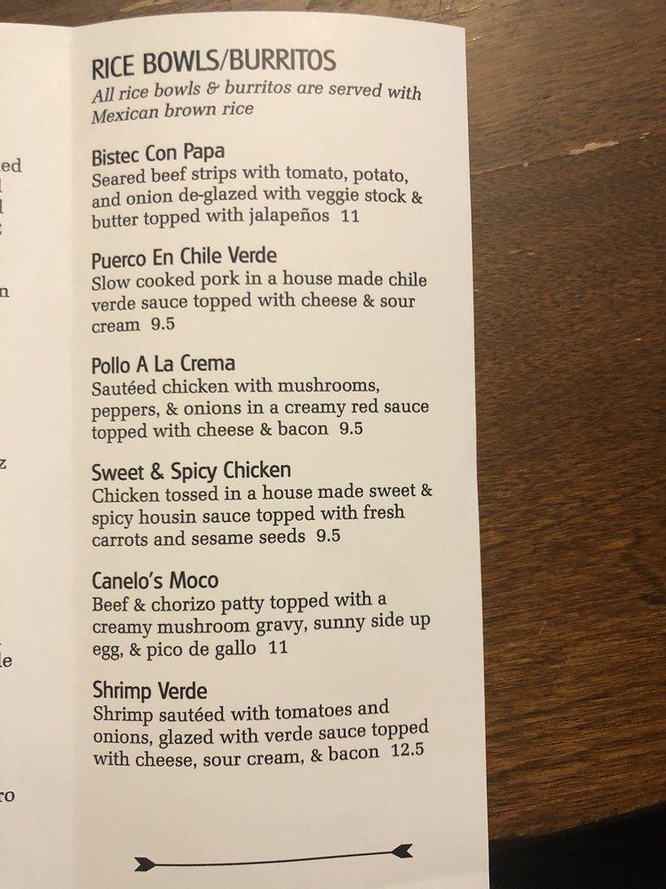Menu at Canelo’s restaurant, Redding