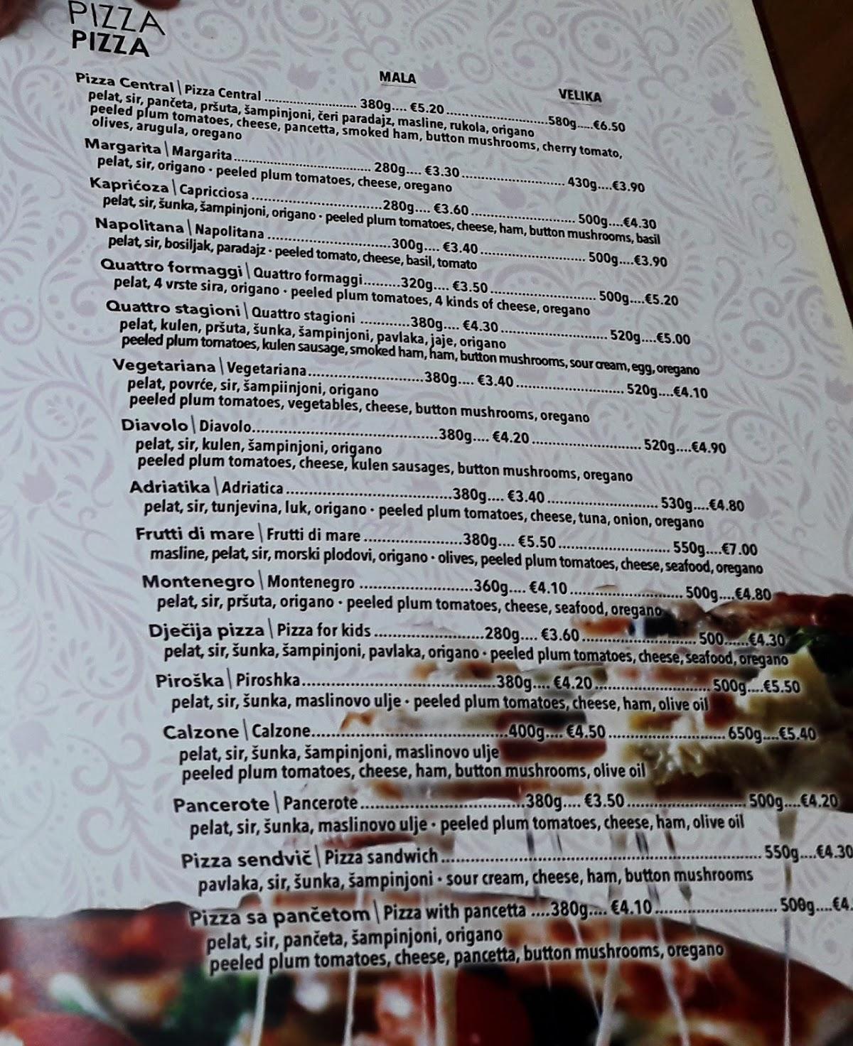 Menu at Central lounge bar, Danilovgrad