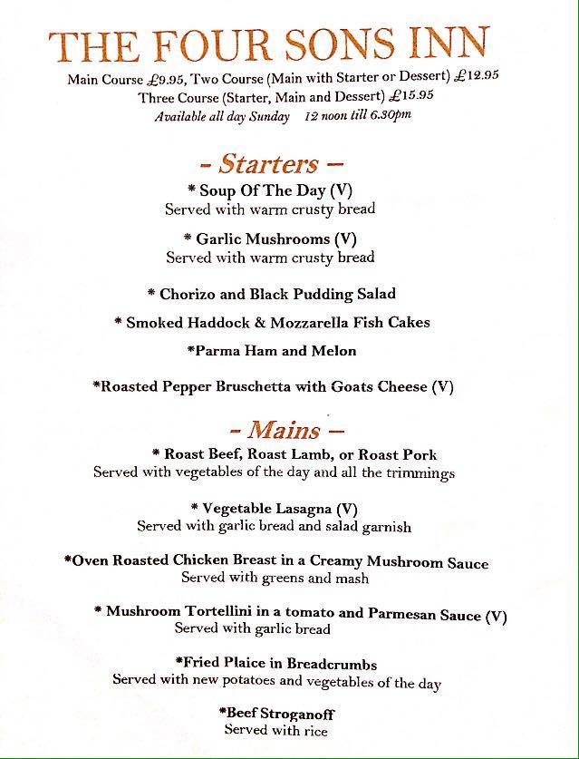 Menu at The Four Sons Inn pub & bar, Huddersfield