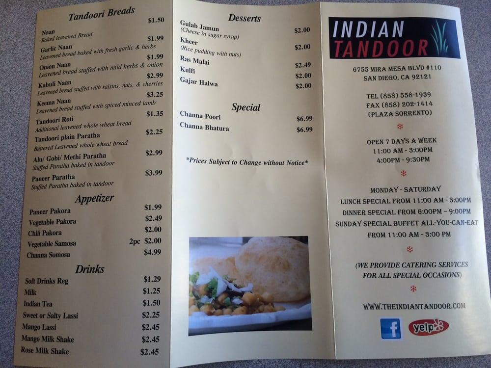 Menu at Indian Tandoor restaurant, San Diego, Mira Mesa Blvd STE 110