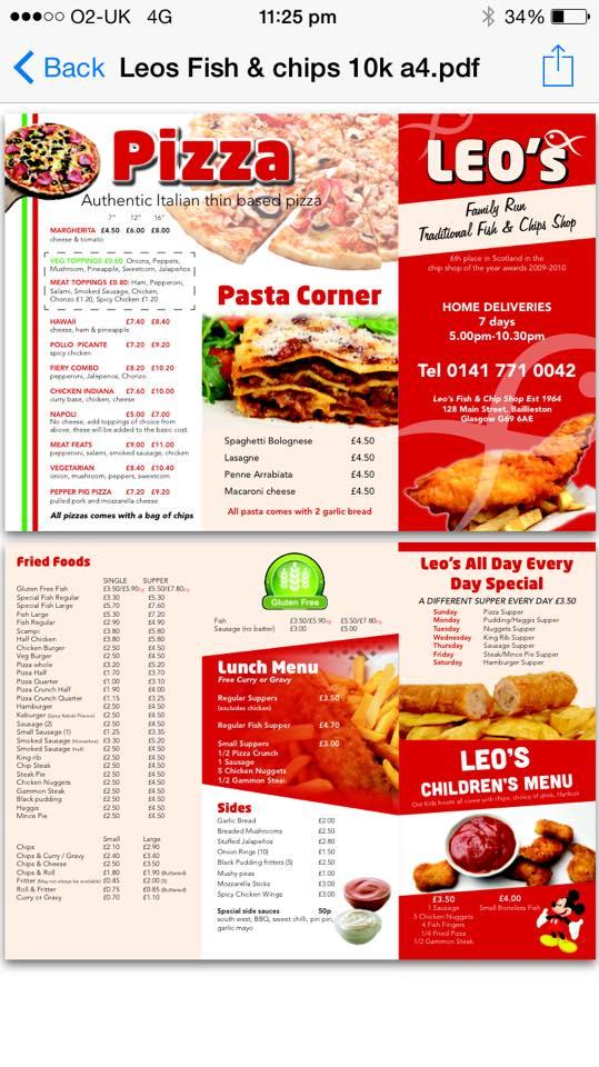 Menu at Leo's restaurant, Glasgow, 128 Main Street