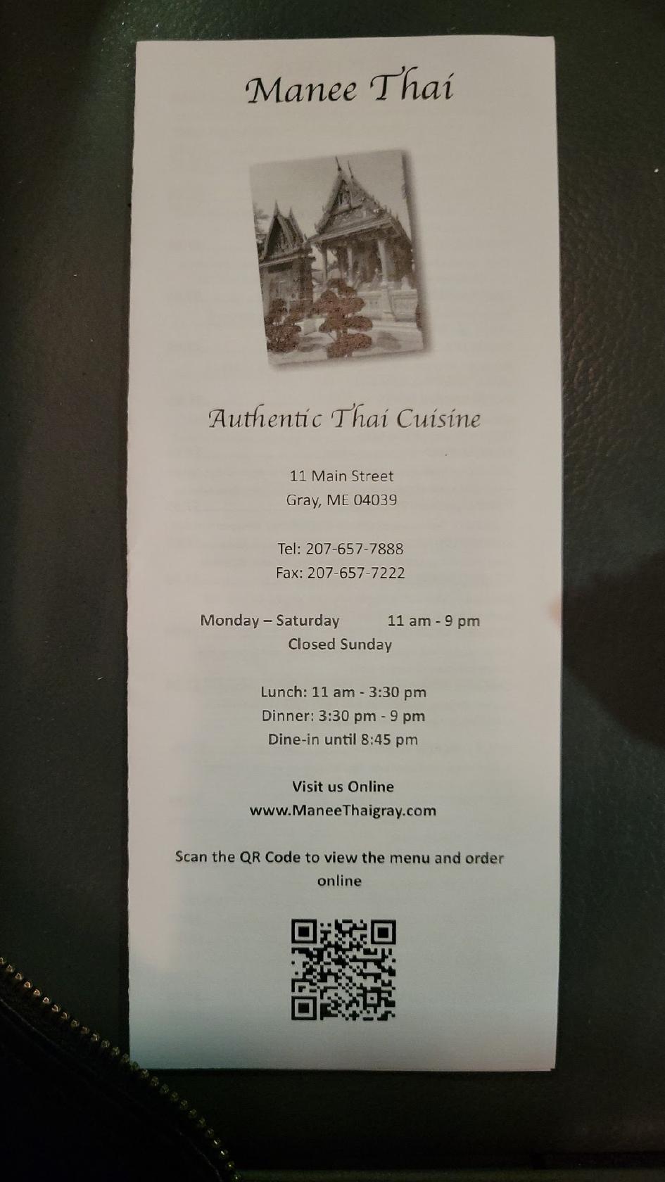 Menu at Manee Thai restaurant, Gray