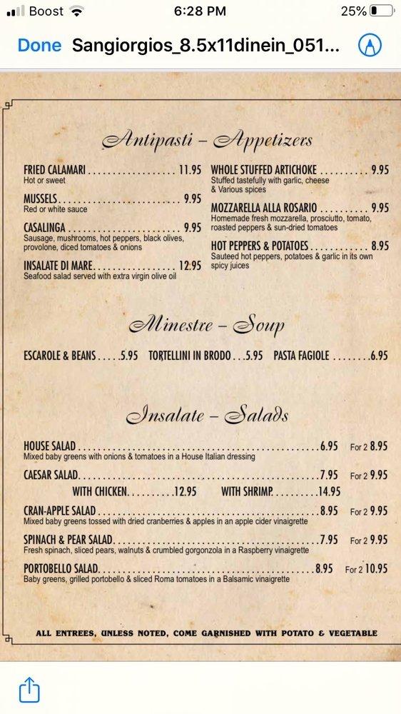 Menu at San Giorgio's Italian Bistro restaurant, Kinnelon