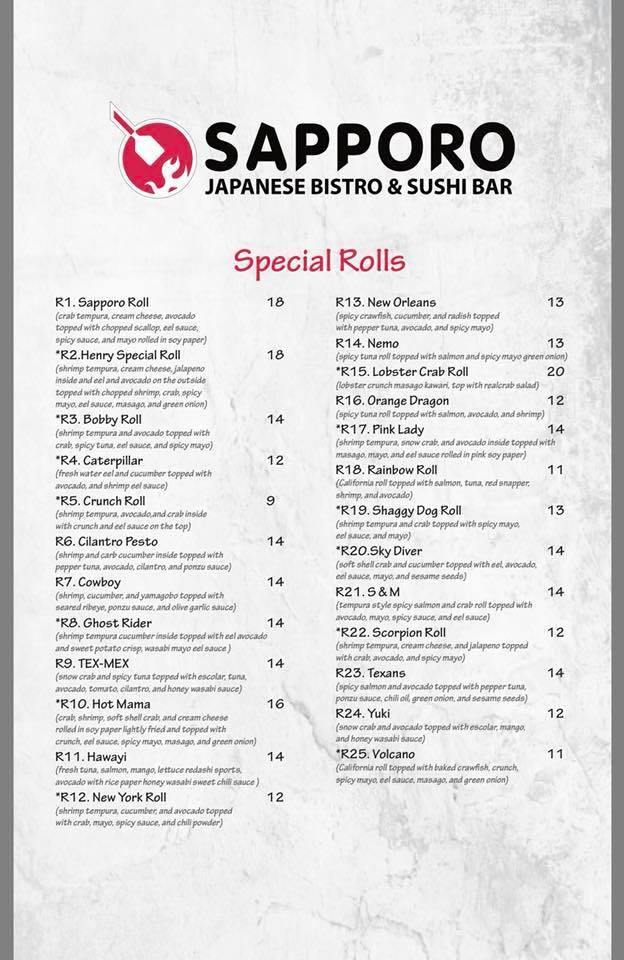 Menu at Sapporo restaurant, Houston, 801 Congress St #101