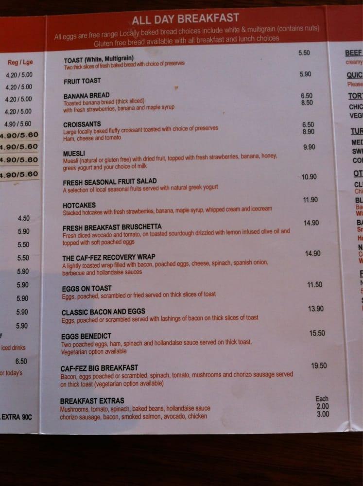 Menu at Caf-fez restaurant, Bunbury