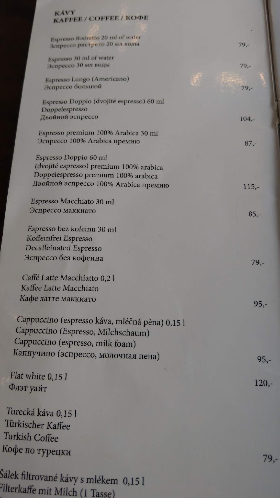 Menu at Café Elefant cafe, Karlovy Vary