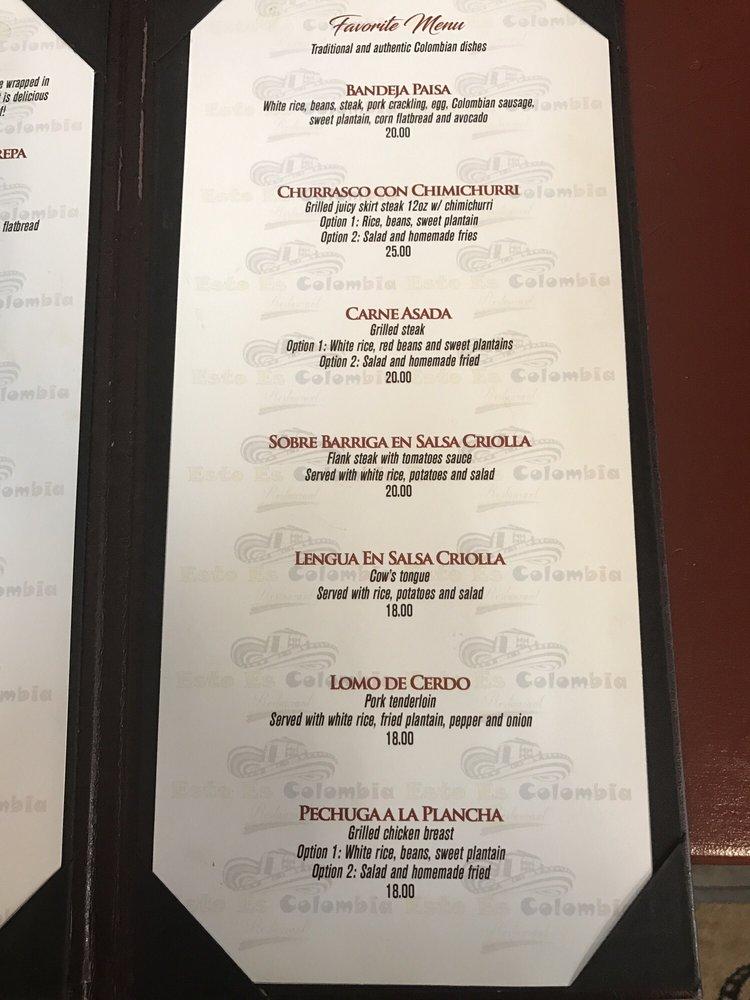 Menu at Esto es Colombia restaurant, Toronto