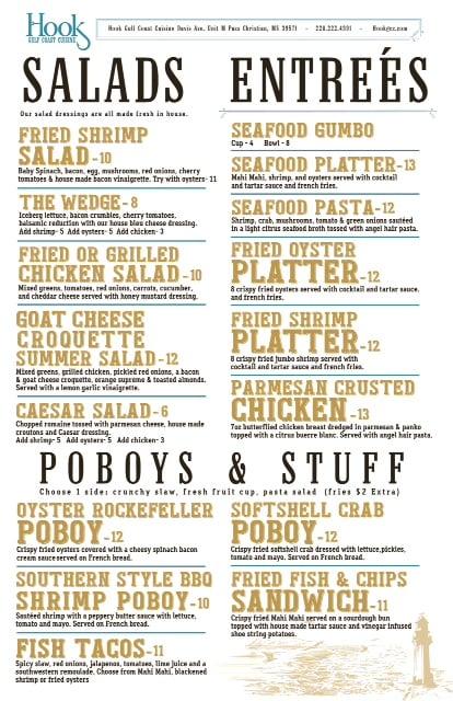 Menu at Hook Gulf Coast Cuisine restaurant, Pass Christian