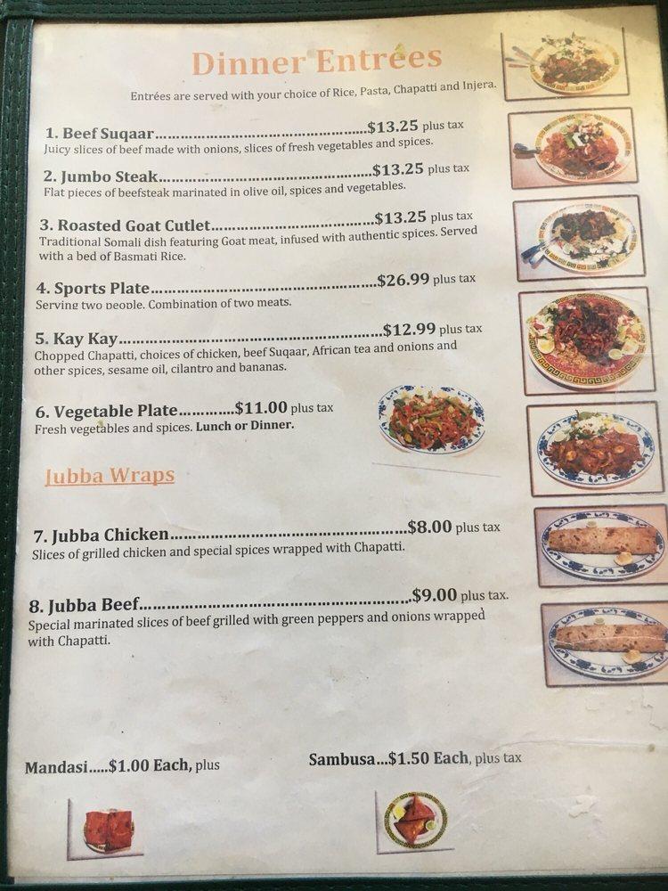 Menu at Jubba Somali Restaurant, San Jose