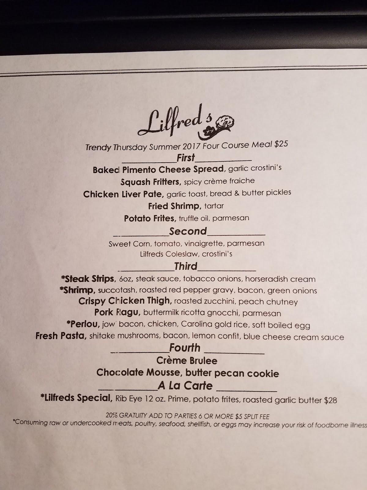 Menu at Lilfred's steakhouse, Rembert