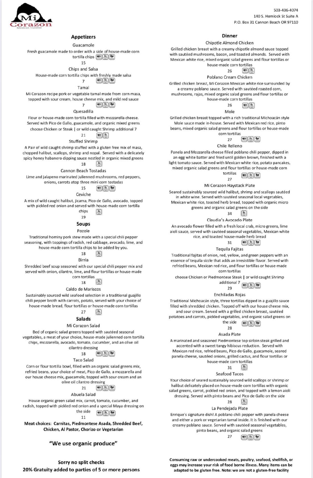 Menu at Mi Corazón Restaurant, Cannon Beach