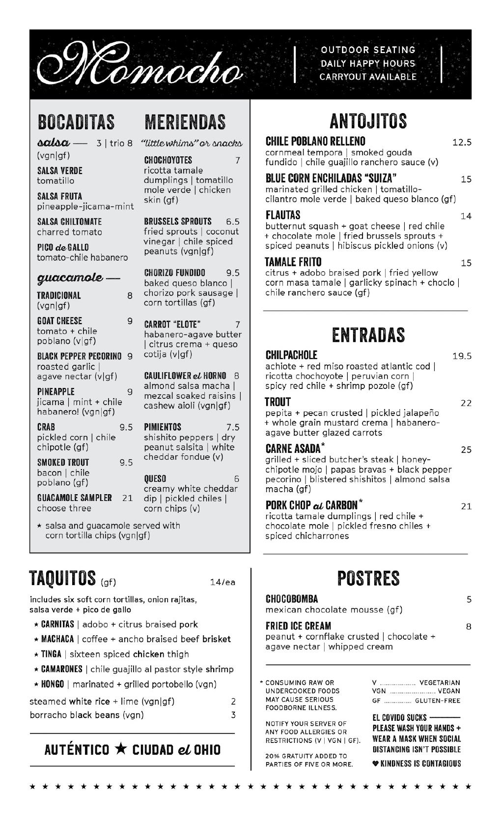 Menu at Momocho restaurant, Cleveland