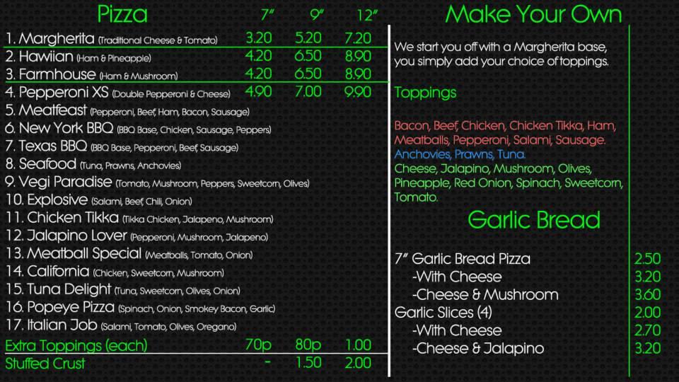 Menu at Pizza XS pizzeria, Watton