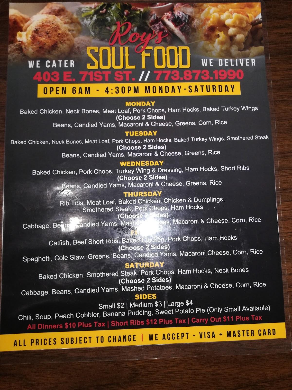 Menu at Roy's Soul Food restaurant, Chicago