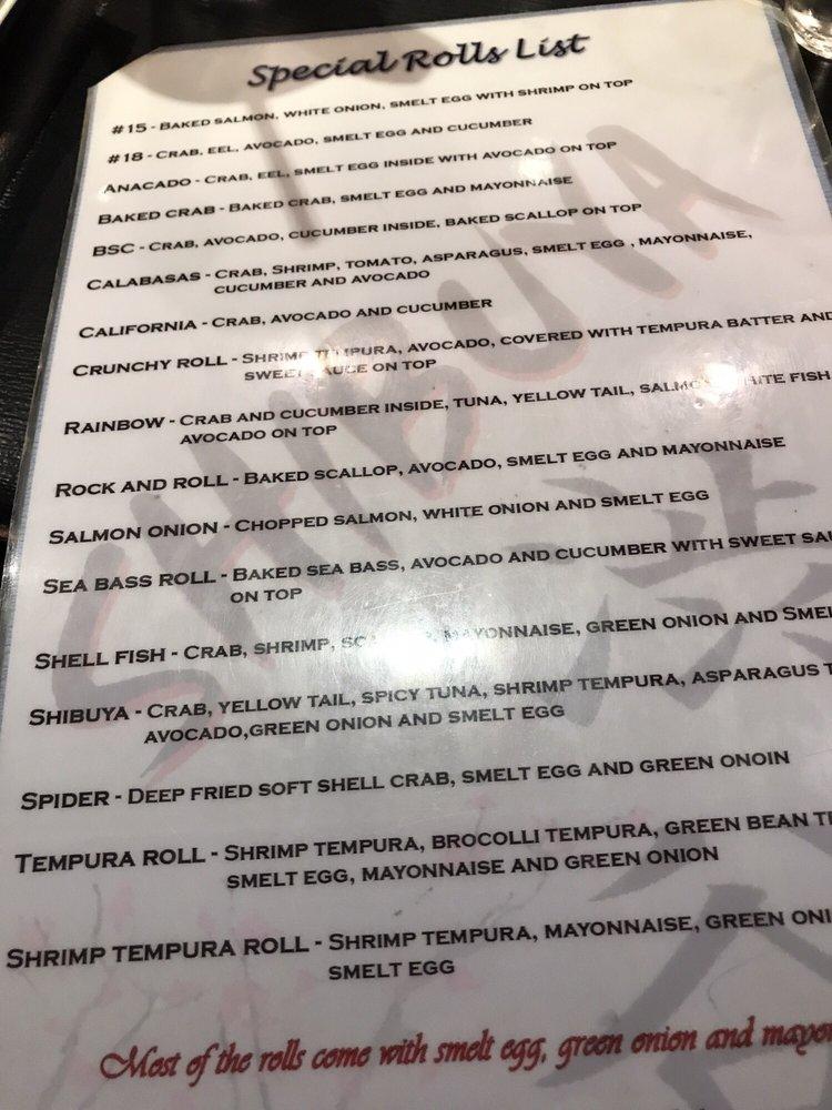 Carta del restaurante Shibuya, Calabasas