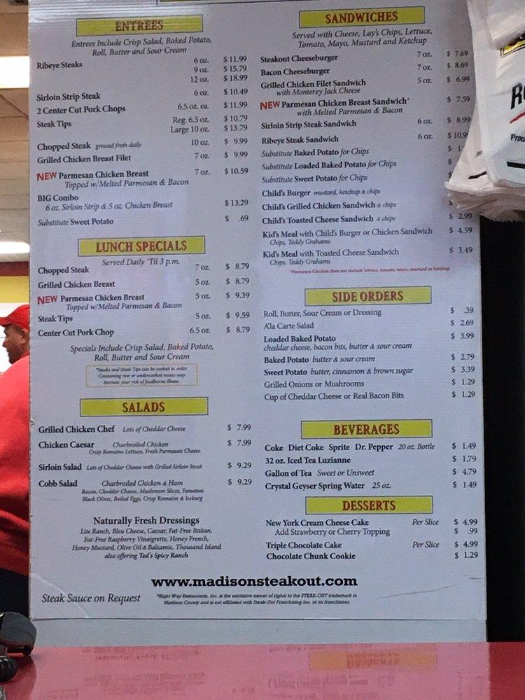 Menu at Steak-Out restaurant, Madison, Hwy 72 W