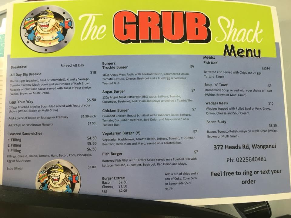 Menu at The Grub Shack restaurant, Whanganui