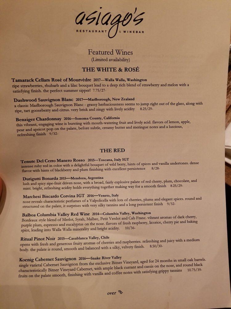 Menu at Asiago's restaurant, Boise, W Main St