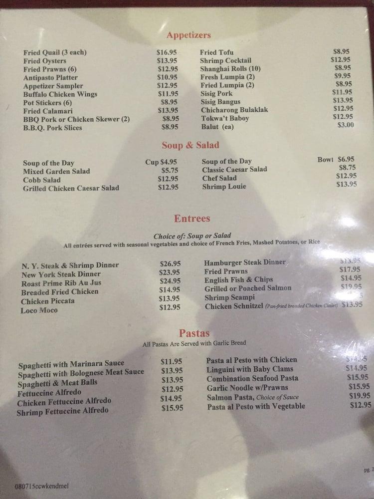 Menu at Lucky Chances Casino restaurant, Colma
