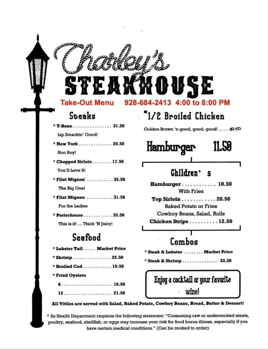 Menu at Charley's Steak House steakhouse, Wickenburg