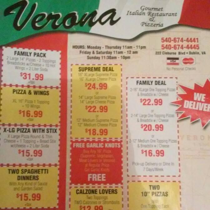 Menu at Verona's Pizzeria & Italian, Dublin
