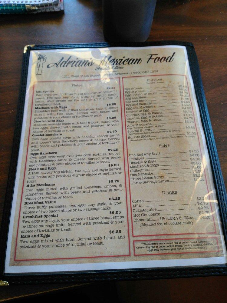 Menu at Adrian's #2 restaurant, Mesa