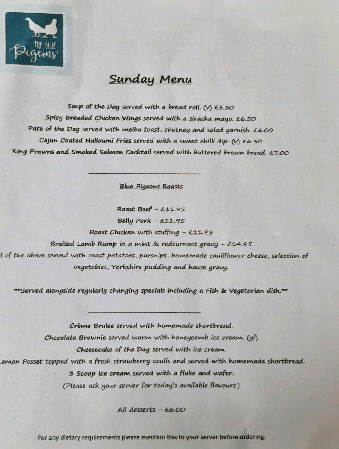 Menu at The Blue Pigeons pub & bar, Worth