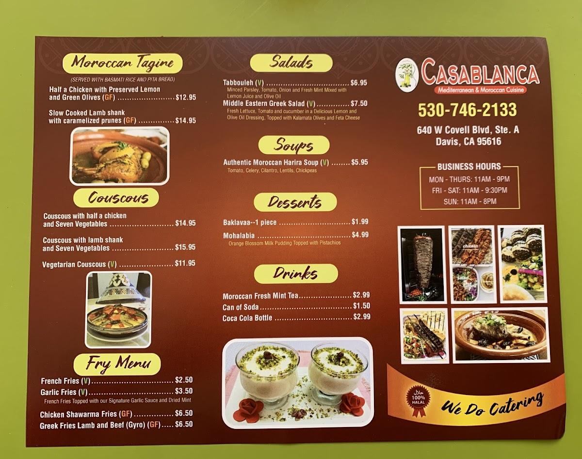 Menu at Casablanca restaurant, Davis