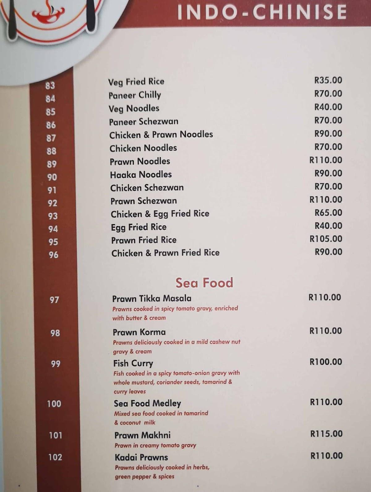 Menu at Great Indian Curries restaurant, Cape Town, Ellis Rd