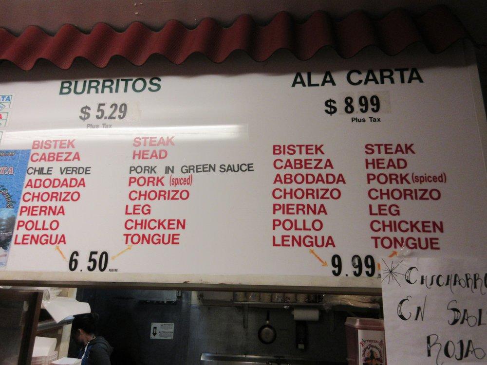 Menu at La Fortuna Bakery, Williams