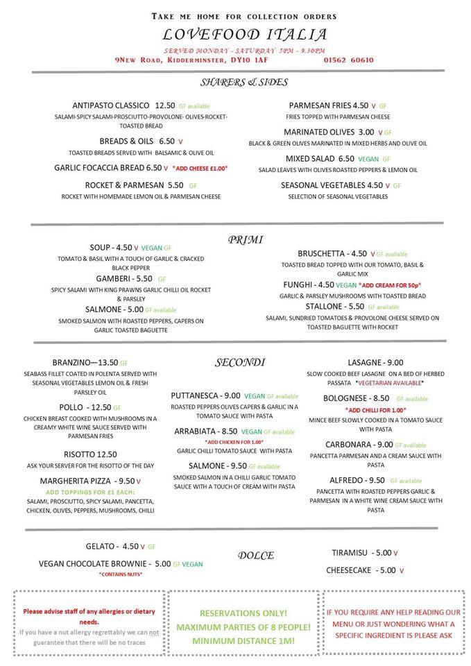 Menu at Lovefood Italia restaurant, Kidderminster