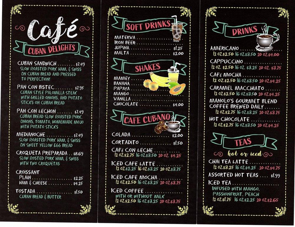 Menu at Manolo’s Cuban Cafe, Estero